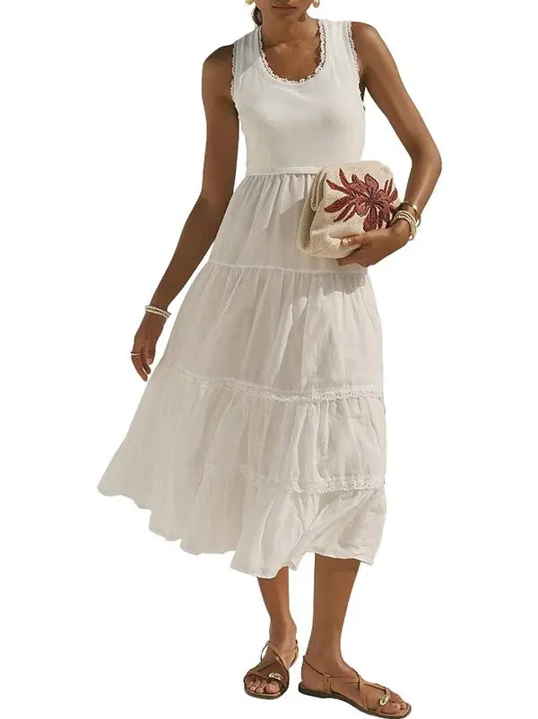 Mint Velvet Crochet Trim Tiered Midi Dress - Ivory