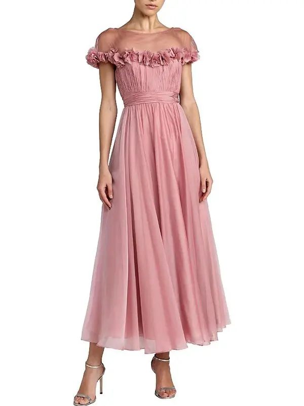 Mac Duggal Chiffon Illusion Neck Midi Dress With 3d Flowers - Rose Gold