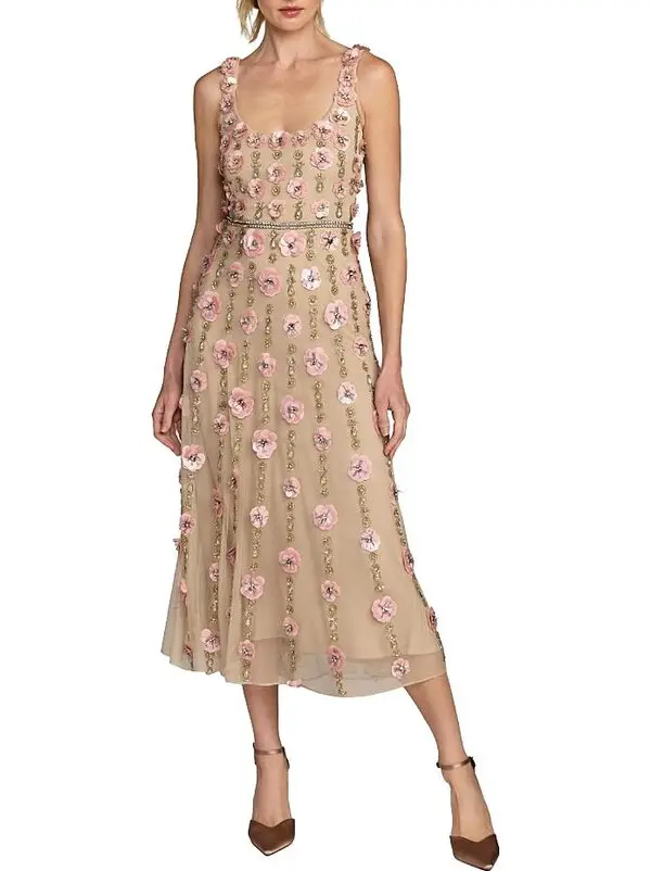 Mac Duggal Embellished Floral Midi Dress - Nude Rose