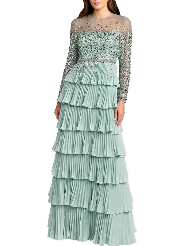 Mac Duggal Crepe Ruffled Long Sleeve Evening Gown - Sage