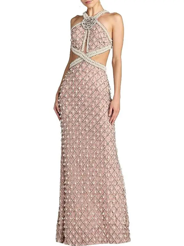 Mac Duggal Sleeveless Halter Neck Embellished Gown - Light Rose