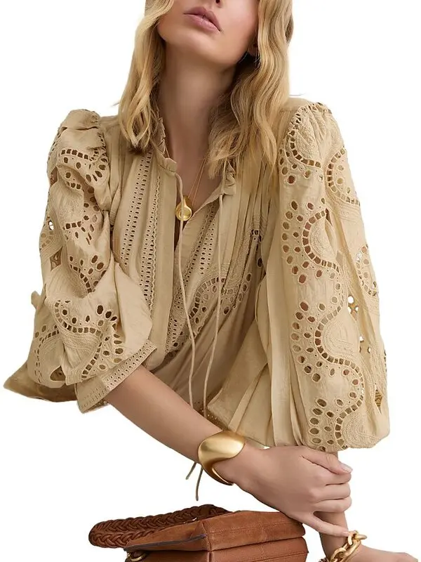 REISS Rhiannon Cut Out Lace Blouse - Neutral