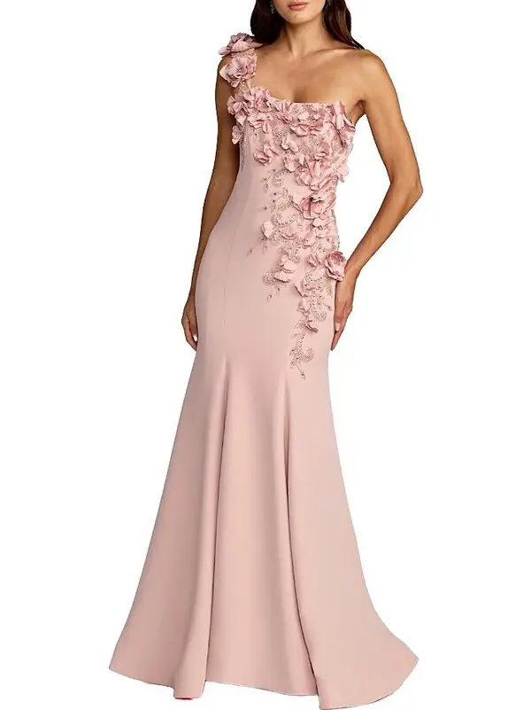 Mac Duggal Crepe One-shoulder Floral Embellished Mermaid Gown - Mauve