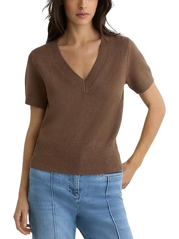 REISS Valerie Short Sleeve V Neck Knit Top - Taupe Neutral