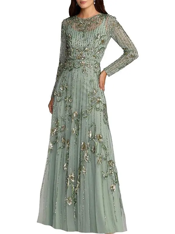 Mac Duggal Embellished Tulle Long Sleeve A-line Gown - Sage