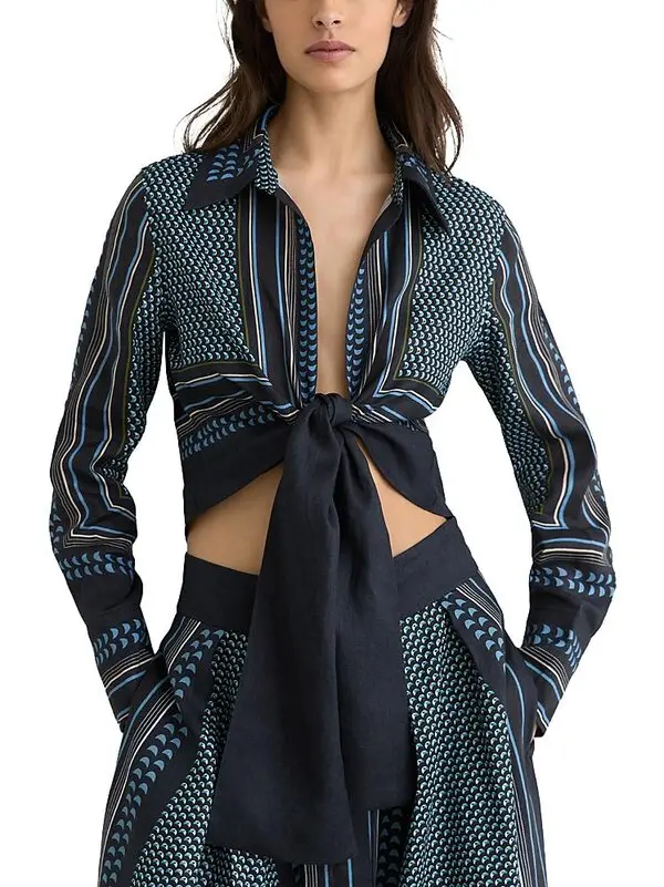 REISS Jackson Linen Shirt With Geometric Print And Front Tie Detail - Navy/ivory