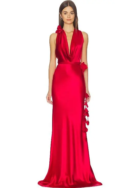 SAU LEE Delphine Satin Gown - Red Chili Pepper