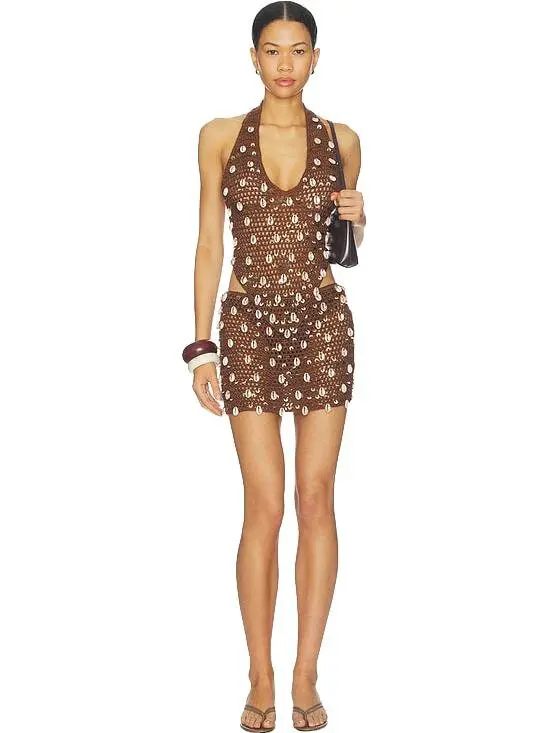 Superdown Crochet Shell Embellished Mini Skirt Set - Brown