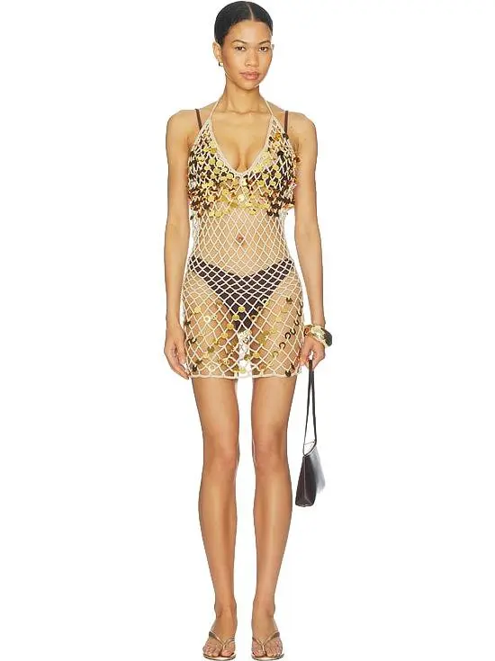 Superdown Zuri Crochet Mini Dress With Metallic Embellishments - Gold