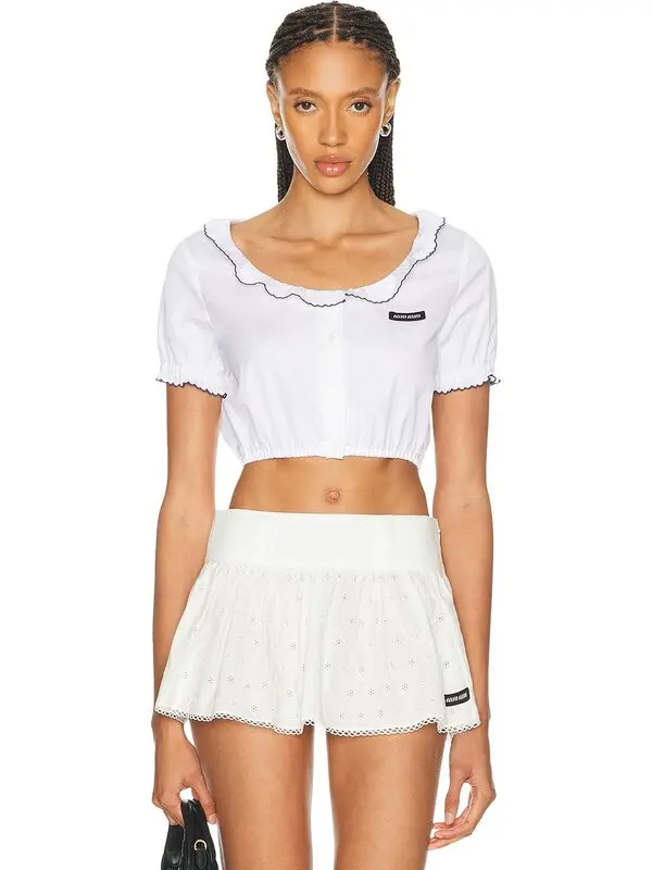 Miu Miu Popeline Cropped Top With Embroidery - Bianco & Blu