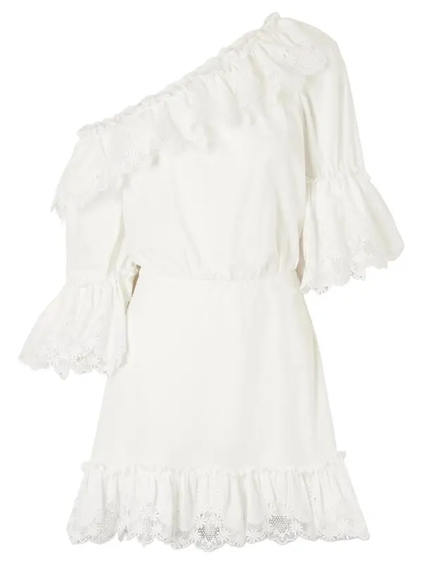Saint Laurent One-shoulder Guipure Lace Trimmed Cotton Poplin Mini Dress - White