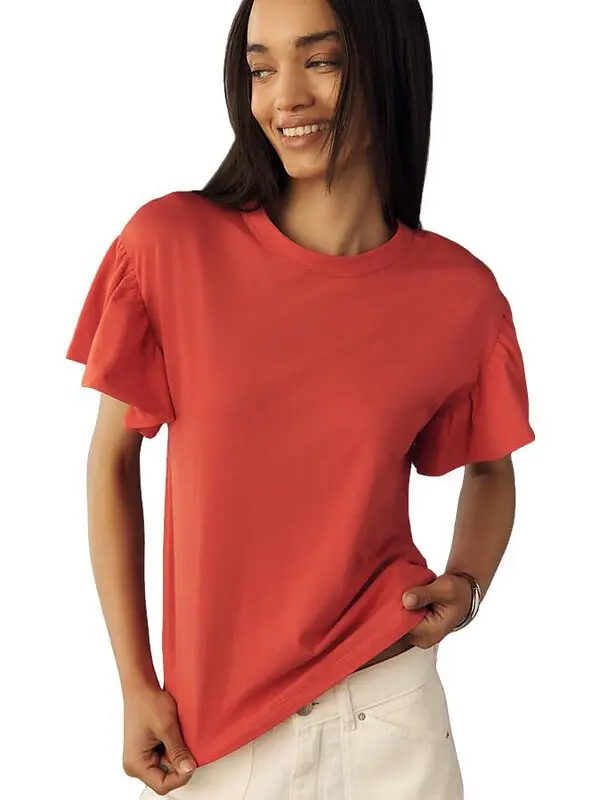 NATION LOS ANGELES Camille Flutter-sleeve T-shirt Top - Light Red