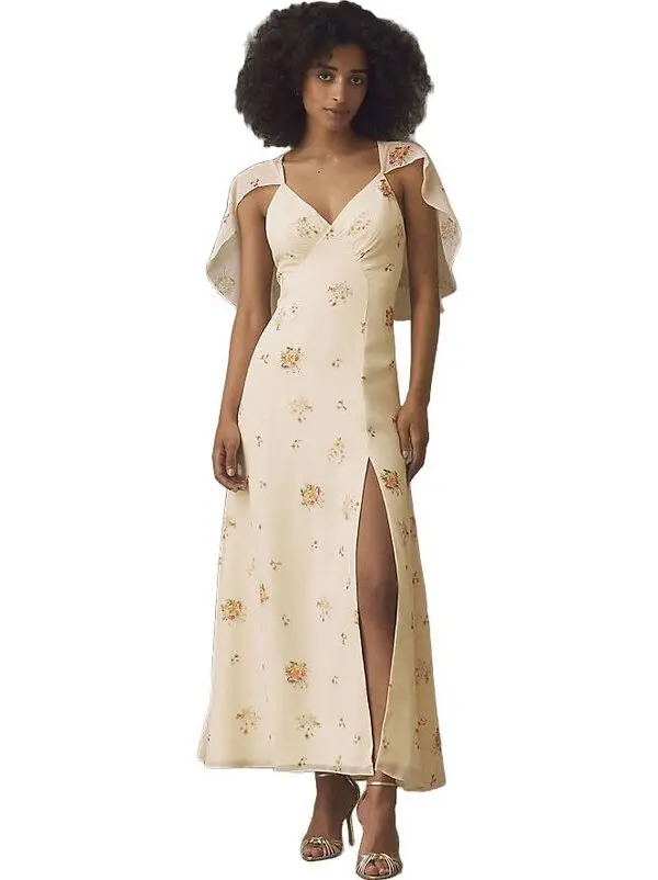 Bhldn Chiffon Cape Maxi Dress With Plunging Neckline - Yellow Pattern