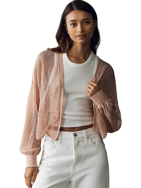 PILCRO Sheer Mesh Open Front Cardigan - Blush Pink