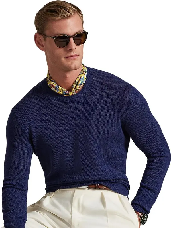 Ralph Lauren Textured Stretch Linen-blend Crewneck Sweater - New Classic Navy