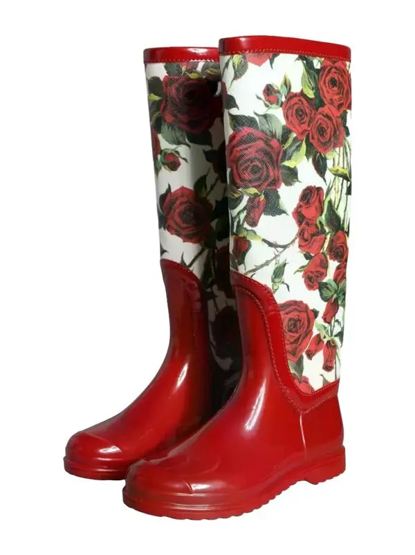 Dolce & Gabbana Floral Print Knee High Boots - Red