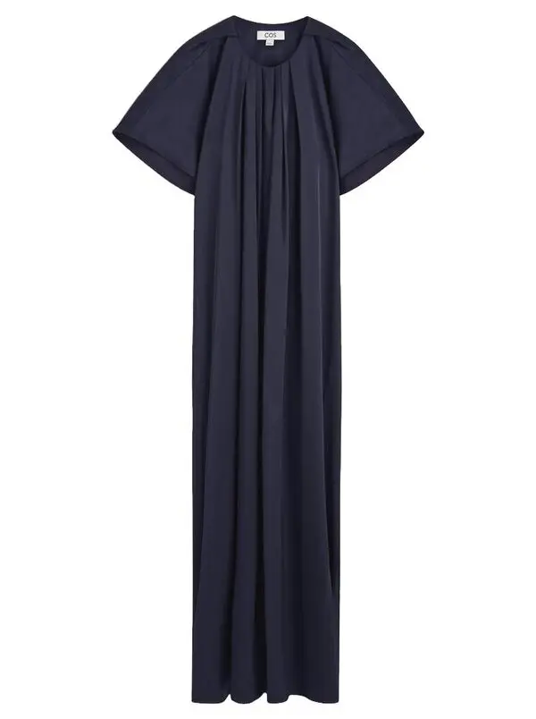 Cos Pleated Belted Satin Midi Dress - Navy