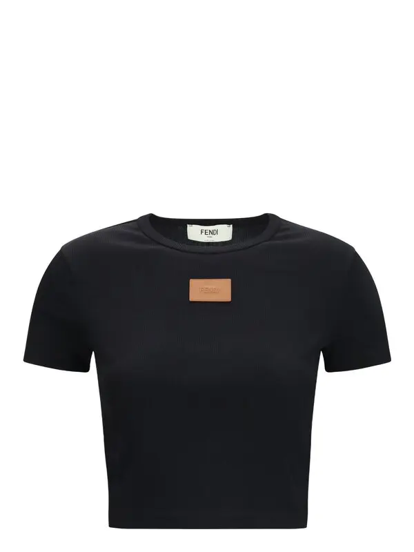 Fendi Cropped Ribbed T-shirt With Logo Patch - Black
