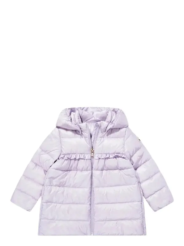 Moncler Nevra Long Quilted Coat With Hood And Ruffle Detail - Purple