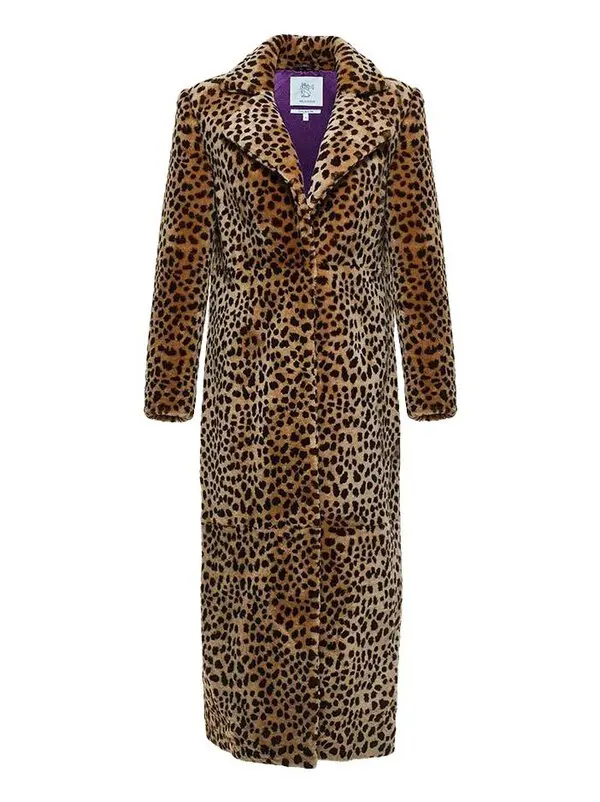 MAISON SEL Animal Print Long Fur Coat With Satin Lining - Purple