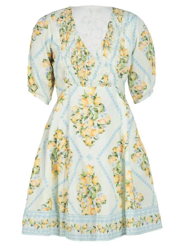 ROSE & NANCY Kirsten Lemon Print Smocked Cotton Mini Dress - Yellow