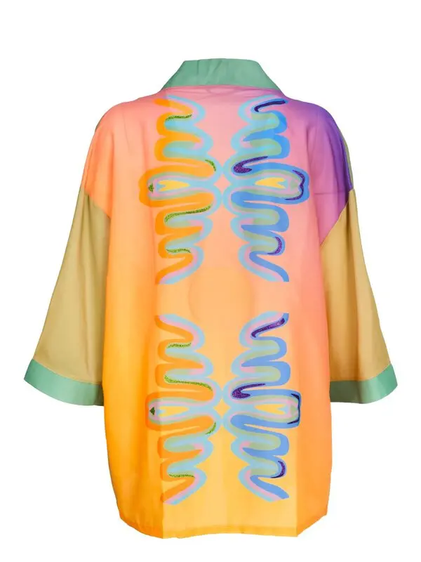 JOY-ES Psychedelic Wave Print Silky Kimono - Green