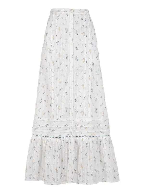 ROSE & NANCY Cotton Floral Maxi Skirt With Lace And Tiered Hem - White