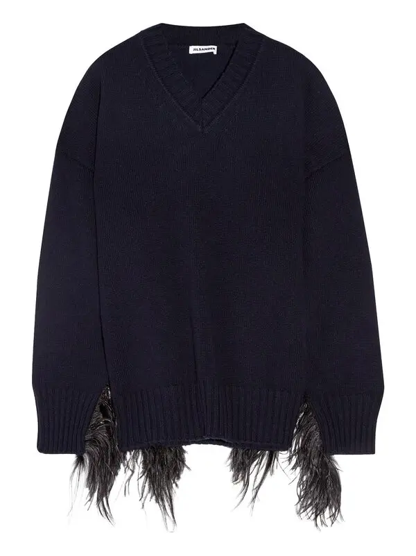 JIL SANDER Feather-embellished Wool And Cashmere-blend Sweater - Midnight Blue