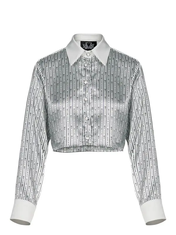 VAZAF Cropped Monogram Print Satin Shirt - White