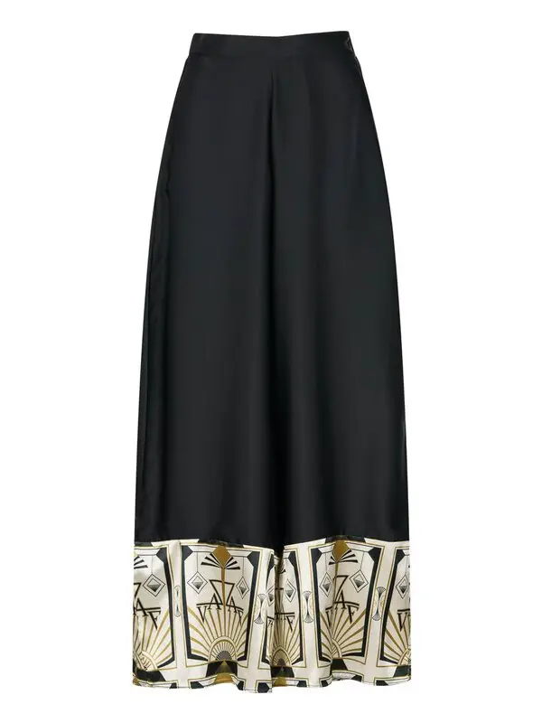 VAZAF Satin Wide-leg Pants With Printed Border Hem - Black
