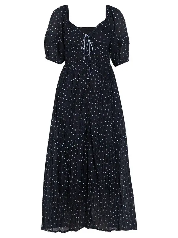 ROSE & NANCY Eloise Blue Spot Print Cotton Crinkle Maxi Dress - Black