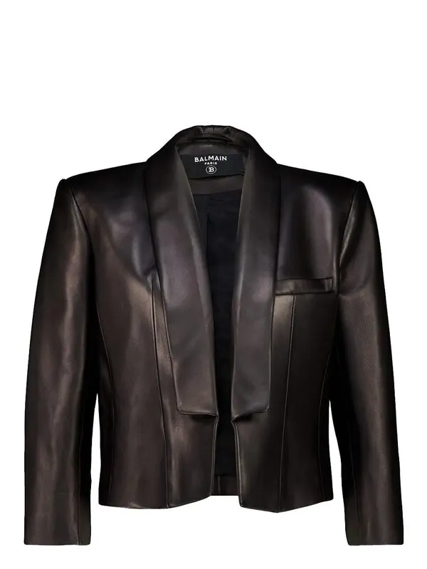 Balmain Lambskin Leather Spencer Jacket With Shawl Lapel - Black