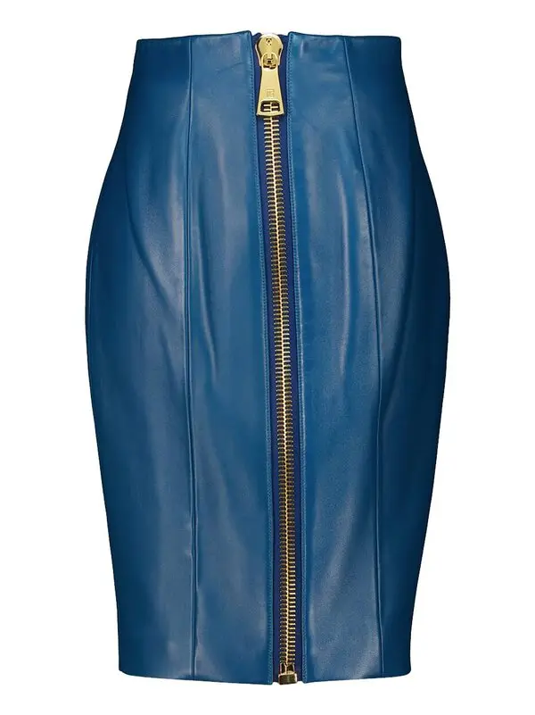 Balmain Zipped Lambskin Pencil Skirt - Blue