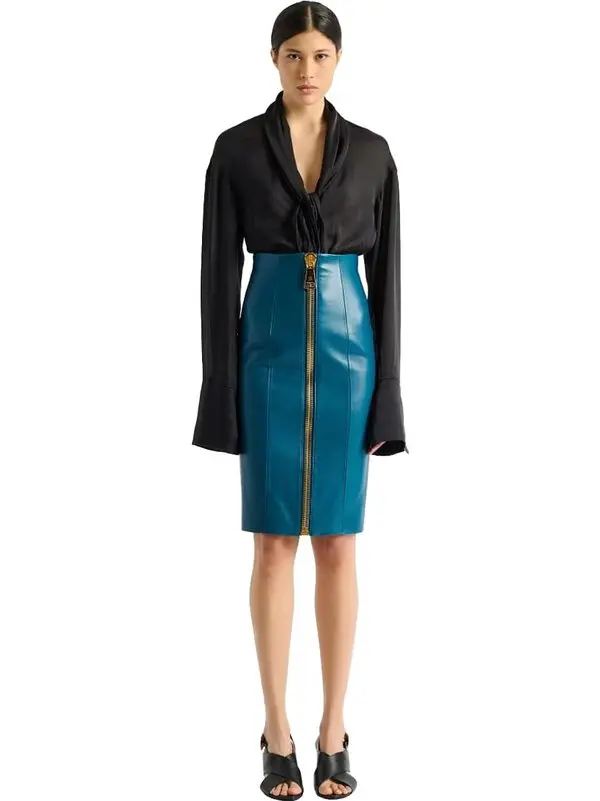 Balmain Zipped Lambskin Pencil Skirt - Blue