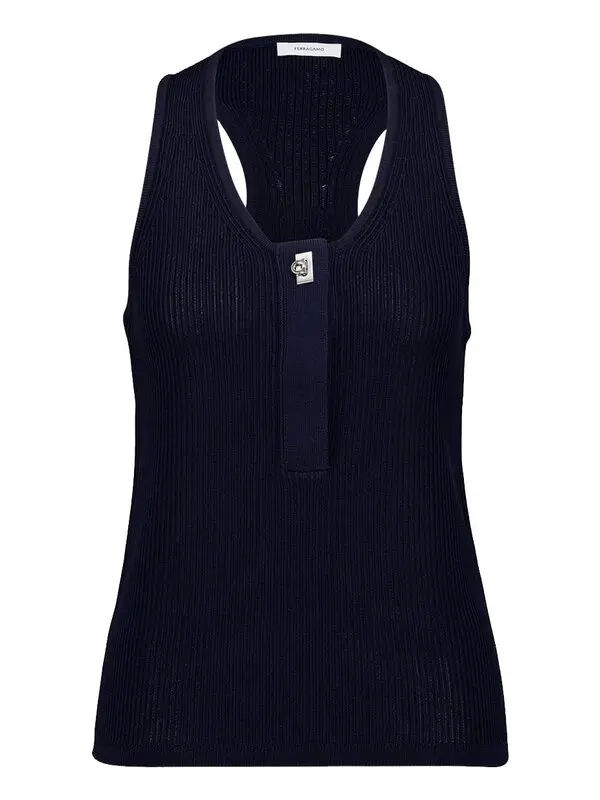 FERRAGAMO Navy Knitted Racer Back Top - Blue