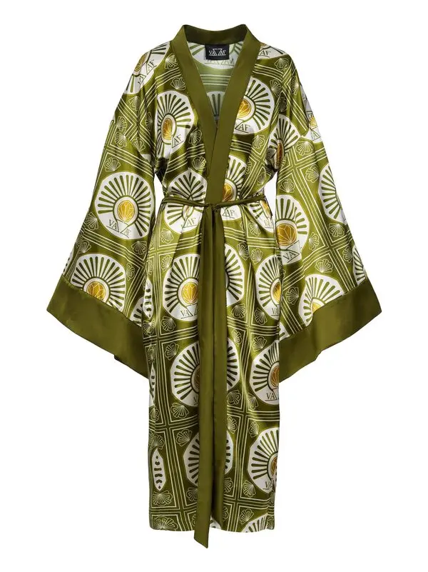 VAZAF Printed Satin Kimono With Statement Sleeves - Green