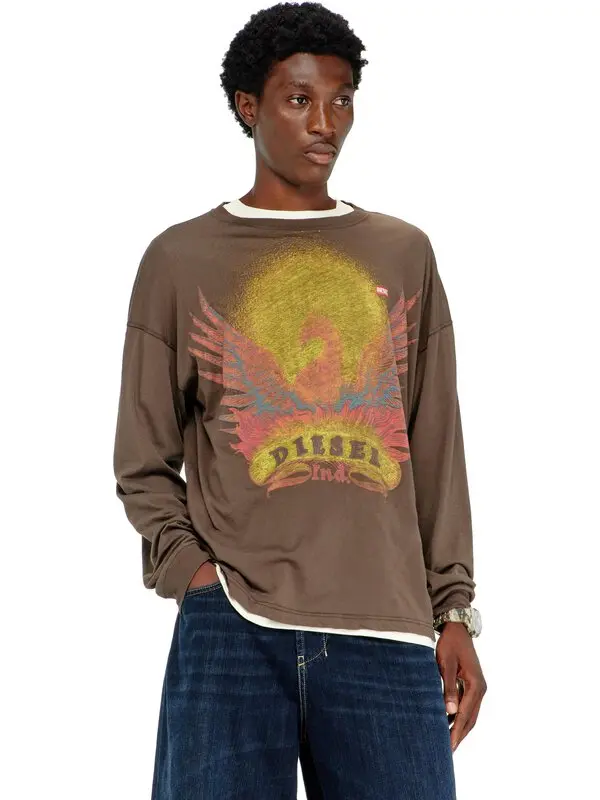 DIESEL® Long Sleeve T-shirt With Phoenix Graphic - Brown