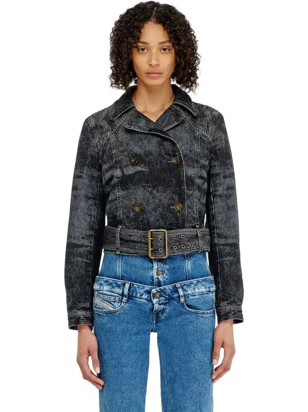 DIESEL® Cropped Double-breasted Denim Jacket With Grommeted Belt - Black