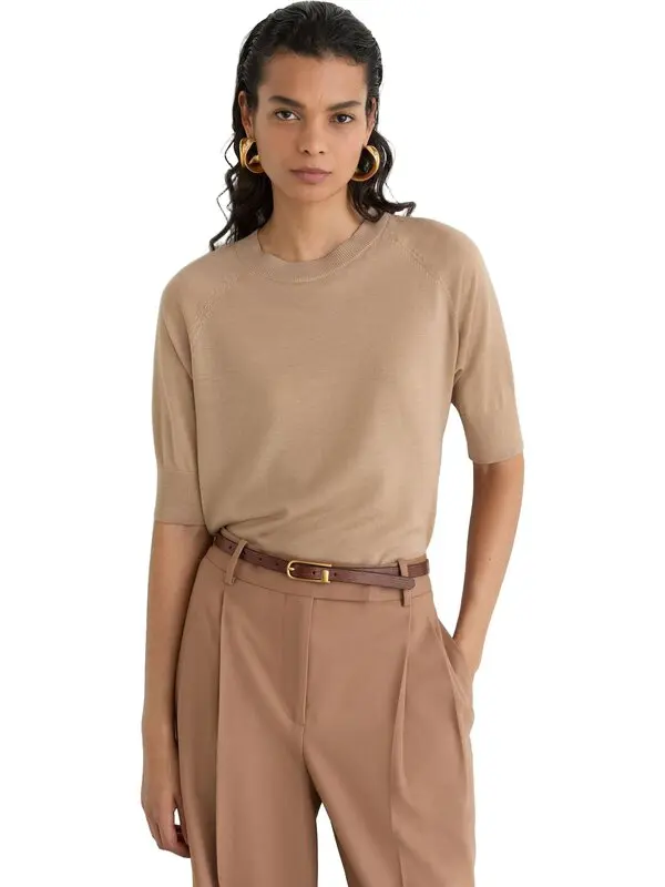 REISS Suzzie Merino Wool Mock-neck T-shirt - Neutral