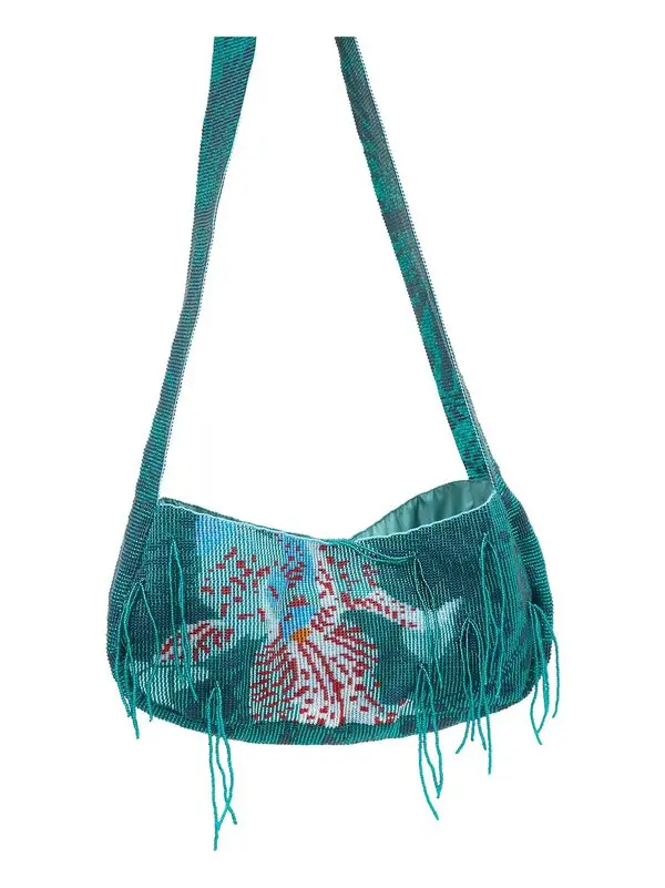 MANUELA CABRALES Flava Beaded Shoulder Bag With Orchid Motifs - Green