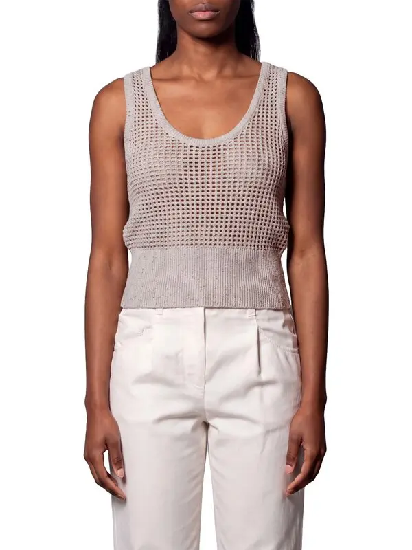 Brunello Cucinelli Sleeveless U-neck Openwork Knit Top - Sand