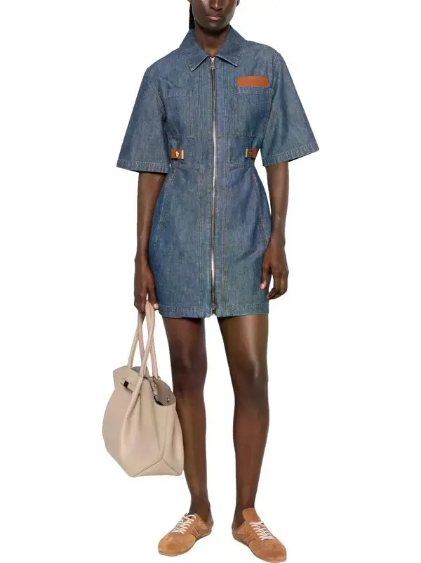 Fendi Leather-trimmed Zip-up Dress - Blue