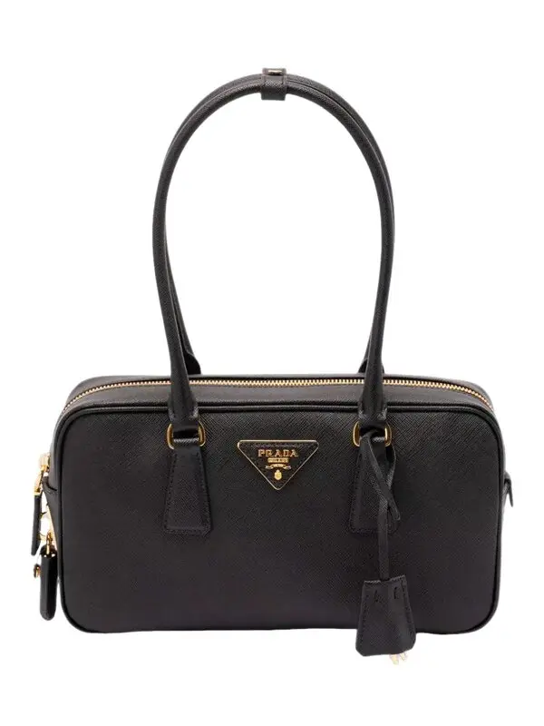 Prada Enamel Triangle Logo Tote Bag - Black