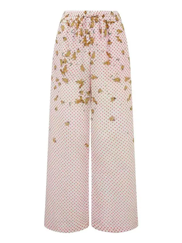 DONDE ESTEBAN Bird Print Drawstring Wide-leg Trousers - White