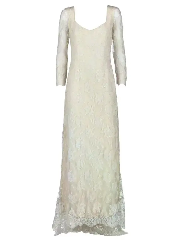 Vintage Floral Lace Sweetheart Neck Long Sleeve Dress - Neutrals