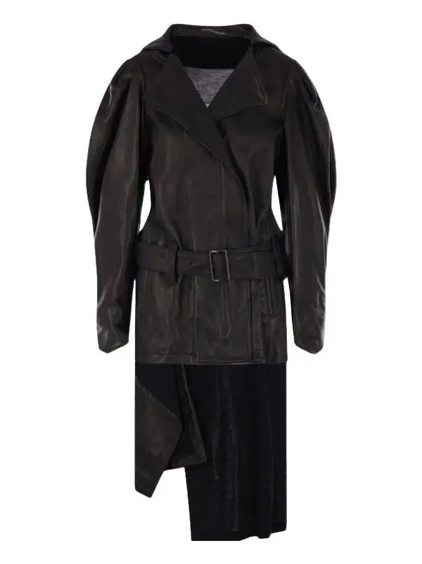 Yohji Yamamoto Asymmetrical Belted Leather Coat With Puff Sleeves - Black