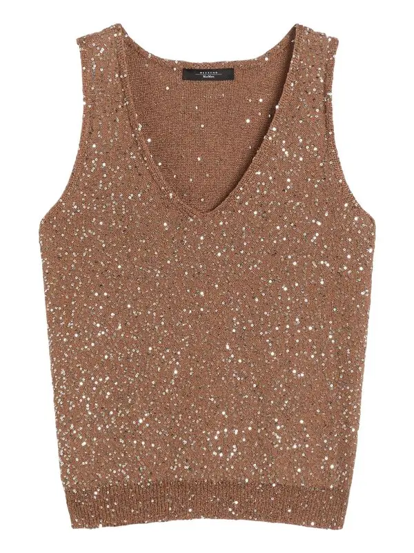Max Mara Sequined V-neck Sleeveless Knit Top - Glace Brown