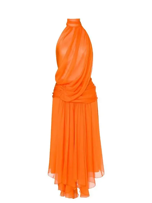 Alberta Ferretti Halterneck Midi Dress With High Collar And Back Bow Detail - Orange