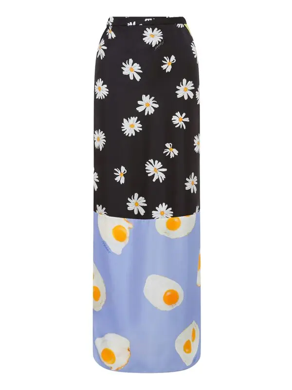 Moschino Long Twill Patchwork Skirt With Daisy And Fried Egg Print - Black