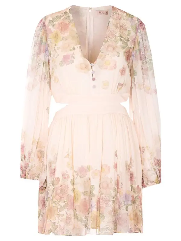 TWINSET Floral Cut-out V-neck Mini Dress With Long Sleeves - Nude